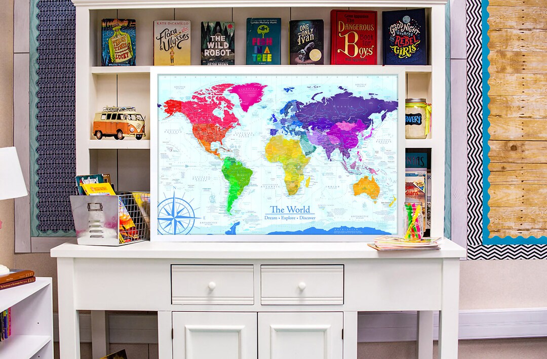 Kids Colorful Map of the World, Rainbow Colors, Framed Push Pin Map or ...