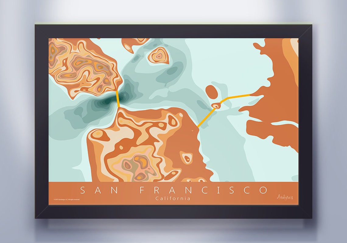 San Francisco Map Wall Art, Topo Contour Map of the Terrain and SF Bay ...