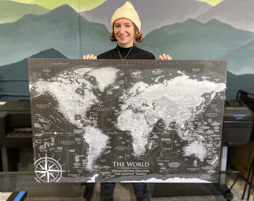 Modern World Map, Slate Grey Colors, Earth Wall Art, Push Pin Travel ...