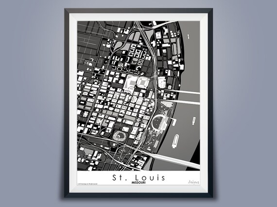 St. Louis Map Black & White Downtown USA Map Art Missouri | Etsy