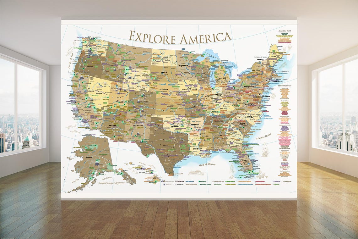 Wall Decal - USA Wallpaper Map - USA Gold - Wall Sticker Room Decor Map ...