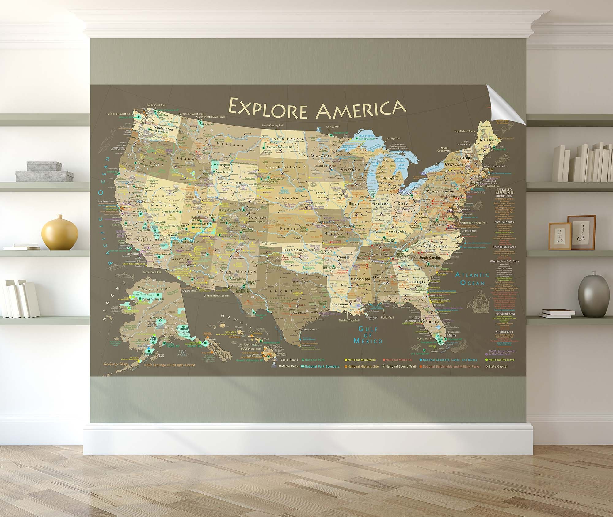Giant USA Map Wall Paper, National Parks With Roads, United States Wall ...