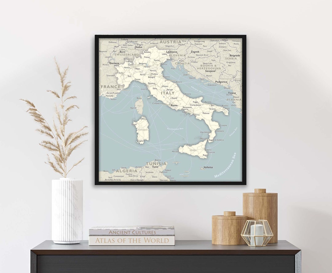 Map of Italy Wall Art Framed or Print, Detailed Cities With Roads ...