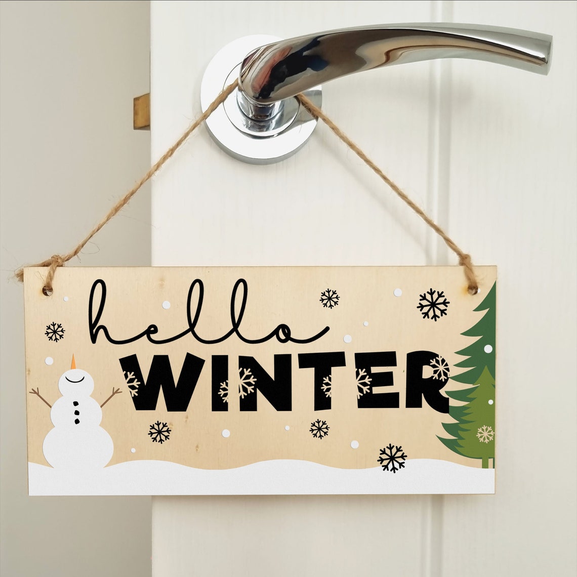 Hello Winter Decorative Christmas Sign Seasonal Snowy Scene Handmade ...