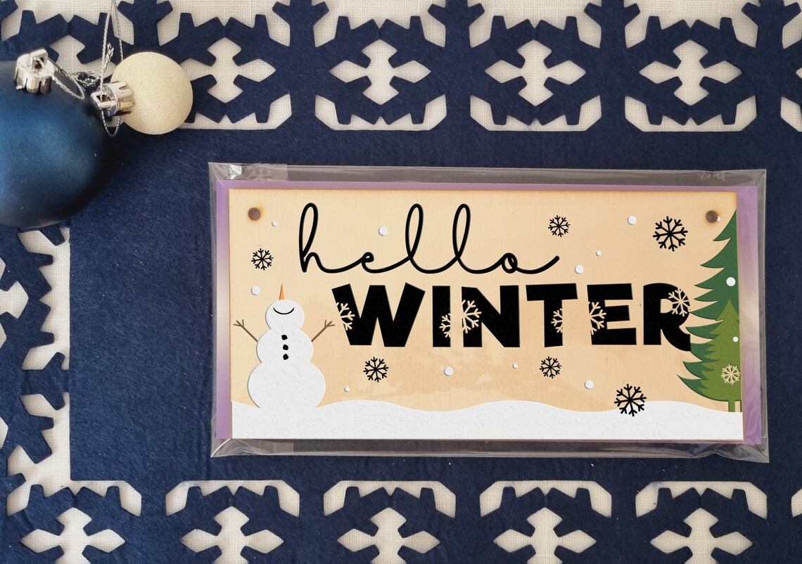 Hello Winter Decorative Christmas Sign Seasonal Snowy Scene Handmade ...