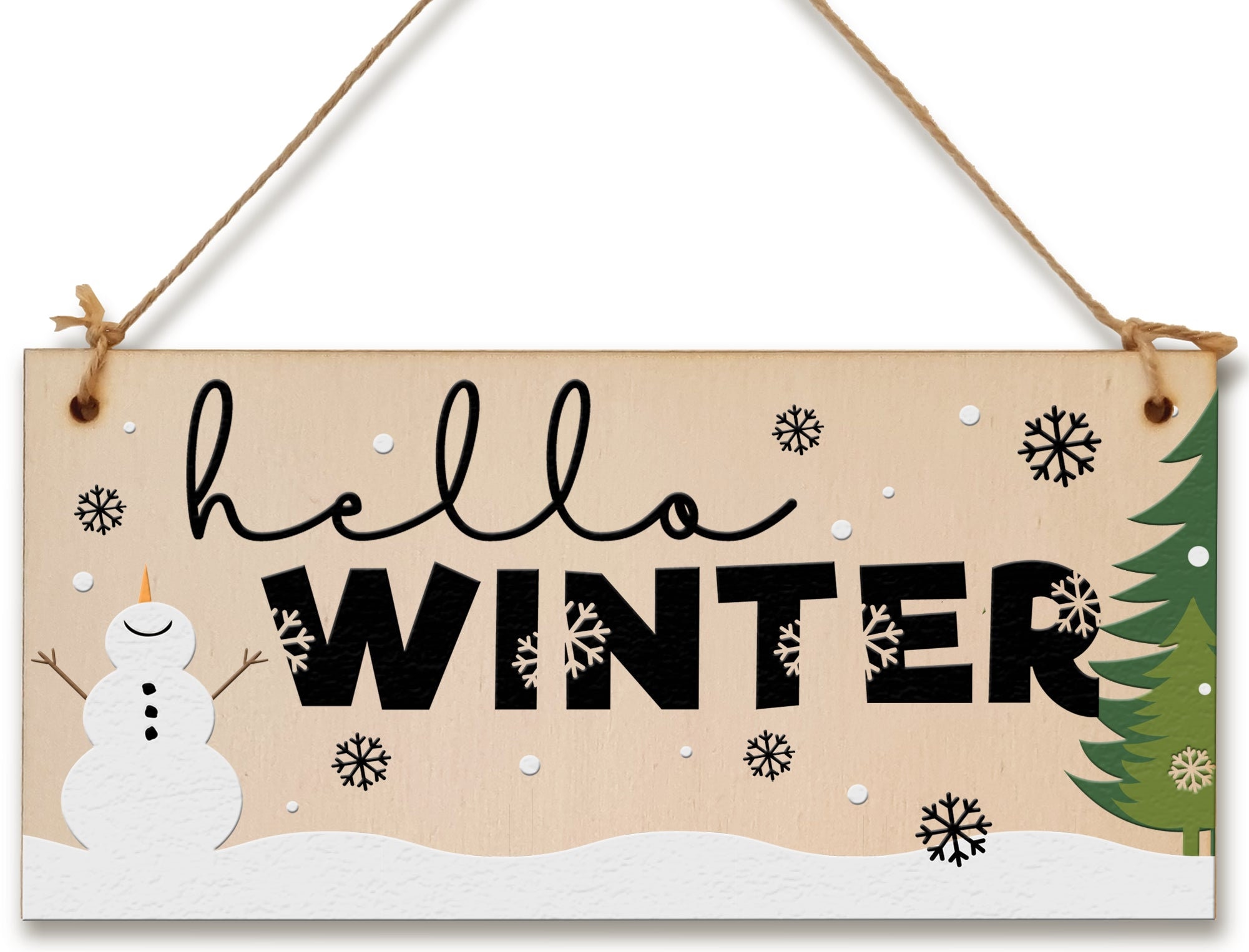 Hello Winter Decorative Christmas Sign Seasonal Snowy Scene Handmade ...