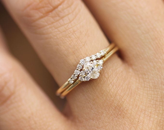 Oval Diamond Wedding Ring Set, Curved Diamond Wedding Band, Round ...