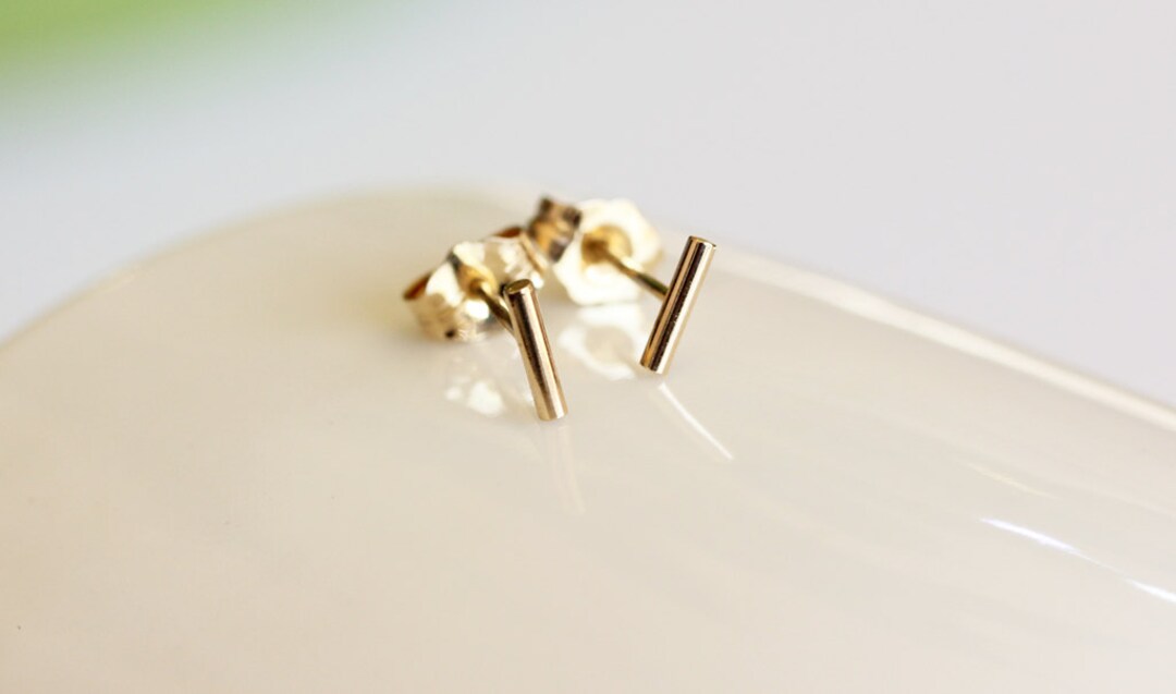 Tiny 14k Yellow Solid Gold Round Bar Earrings, 14K Gold Line Studs,slim ...