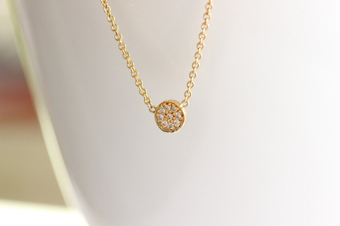 Simple Round Diamond Necklace, Diamonds in Pave Set,14k Yellow Solid ...