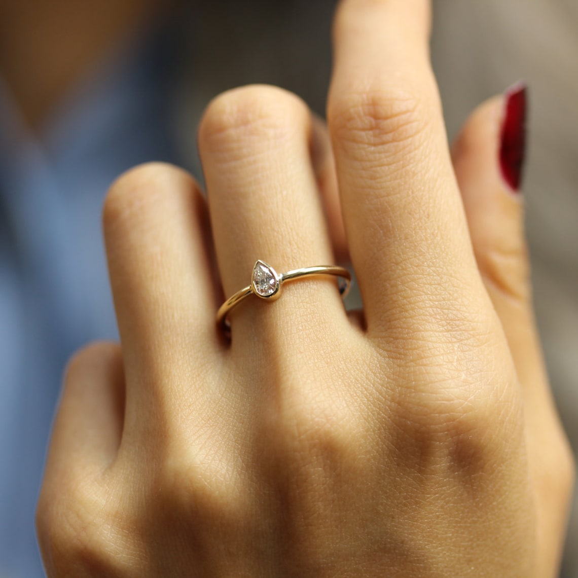0.15 Carat Pear Diamond Engagement Ring in Bezel - Etsy