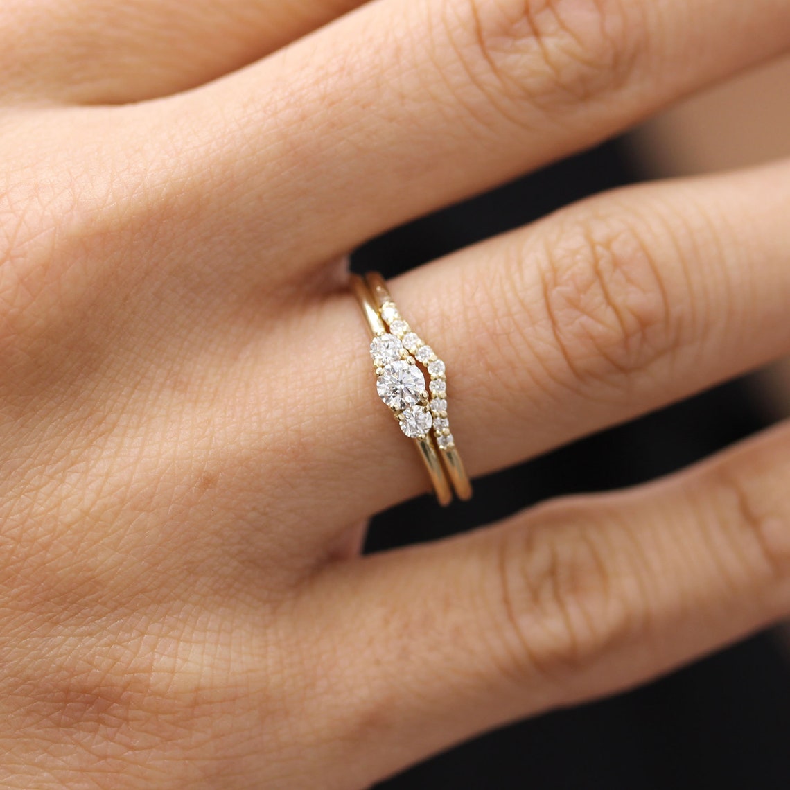 Round Diamond Wedding Ring Set Curved Diamond Wedding Band - Etsy