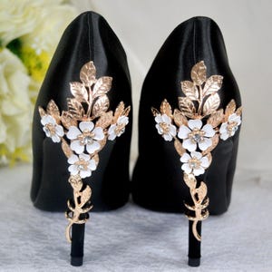 Black Satin Heels: Gold Floral Cherry Blossom Bridal Shoe, Wedding Shoe ...