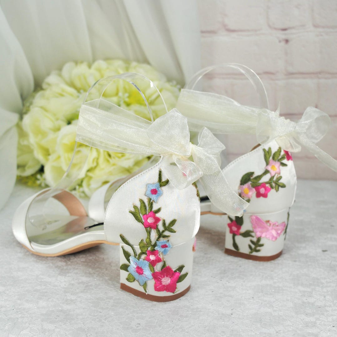 Ivory Satin Bridal Sandals: Embroidered Floral Low Heel Wedding Shoes ...