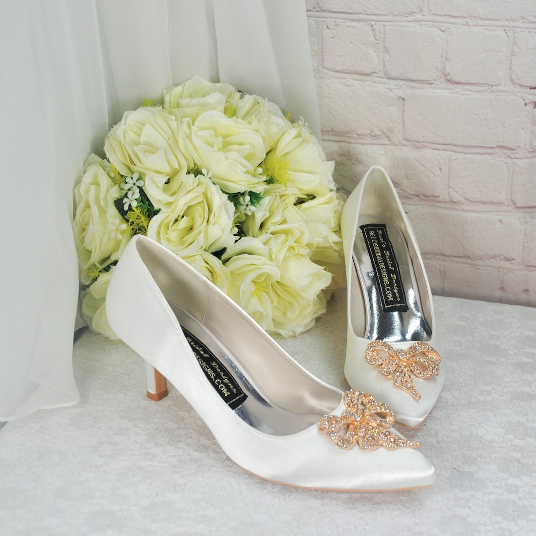 Kitten Heel Satin Shoes, Low Heel Bridal Shoe With Crystal 'bow ...
