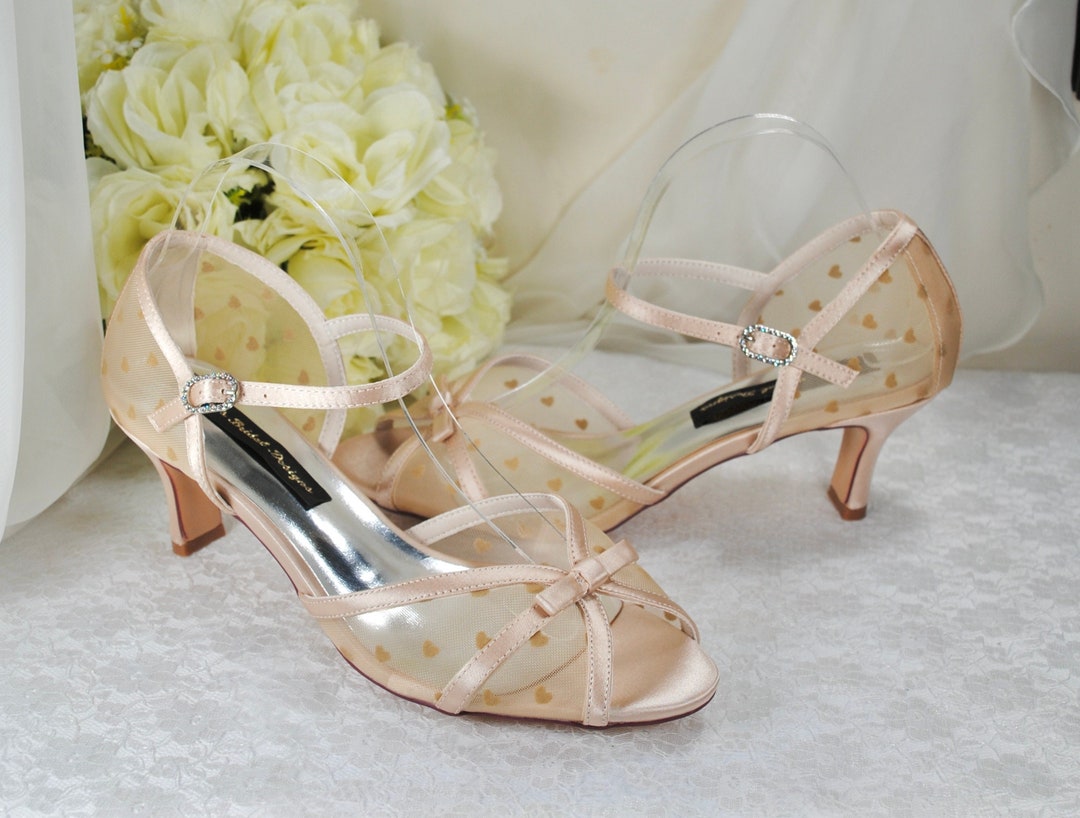 Low Heel Bridal Sandals. Champagne Embroidered Wedding Shoes, Shoe for ...