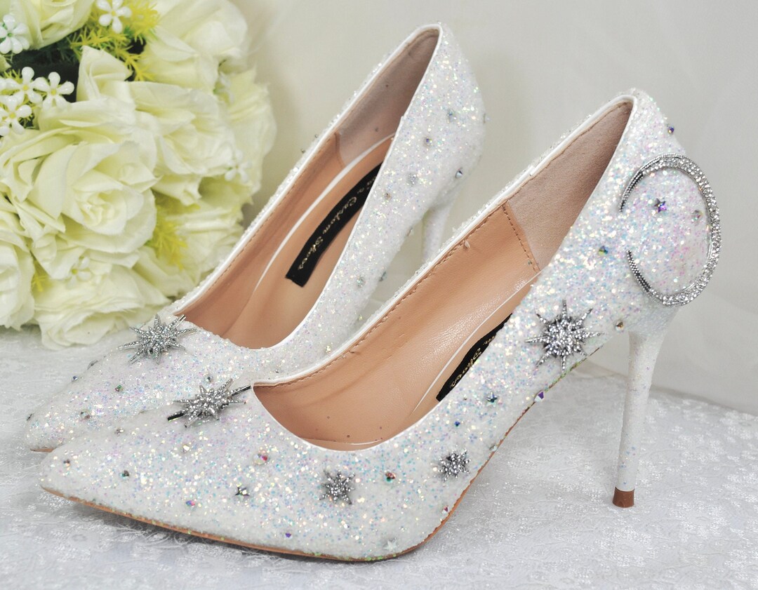 Celestial Wedding Shoes: White Glitter Heels With Swarovski Crystals - Etsy