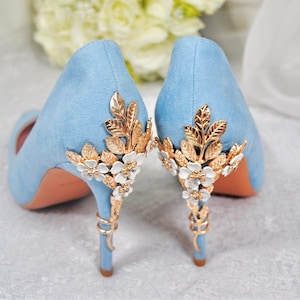 Blue Vegan Suede High Heel Court Shoes With Handmade Cherry Blossom ...