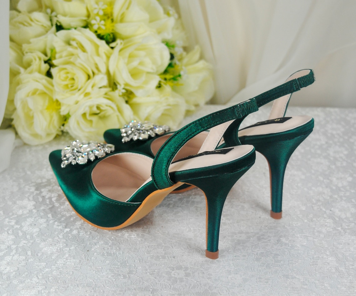 Emerald Green Slingback Heels With Crystal Decoration and Matching ...