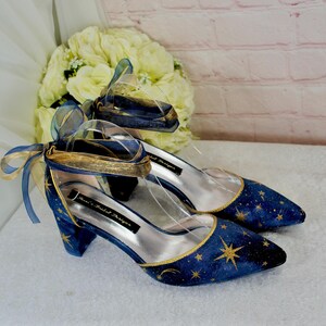 Blue Satin Celestial Wedding Shoes: Hand-painted Galaxy Bridal Block ...
