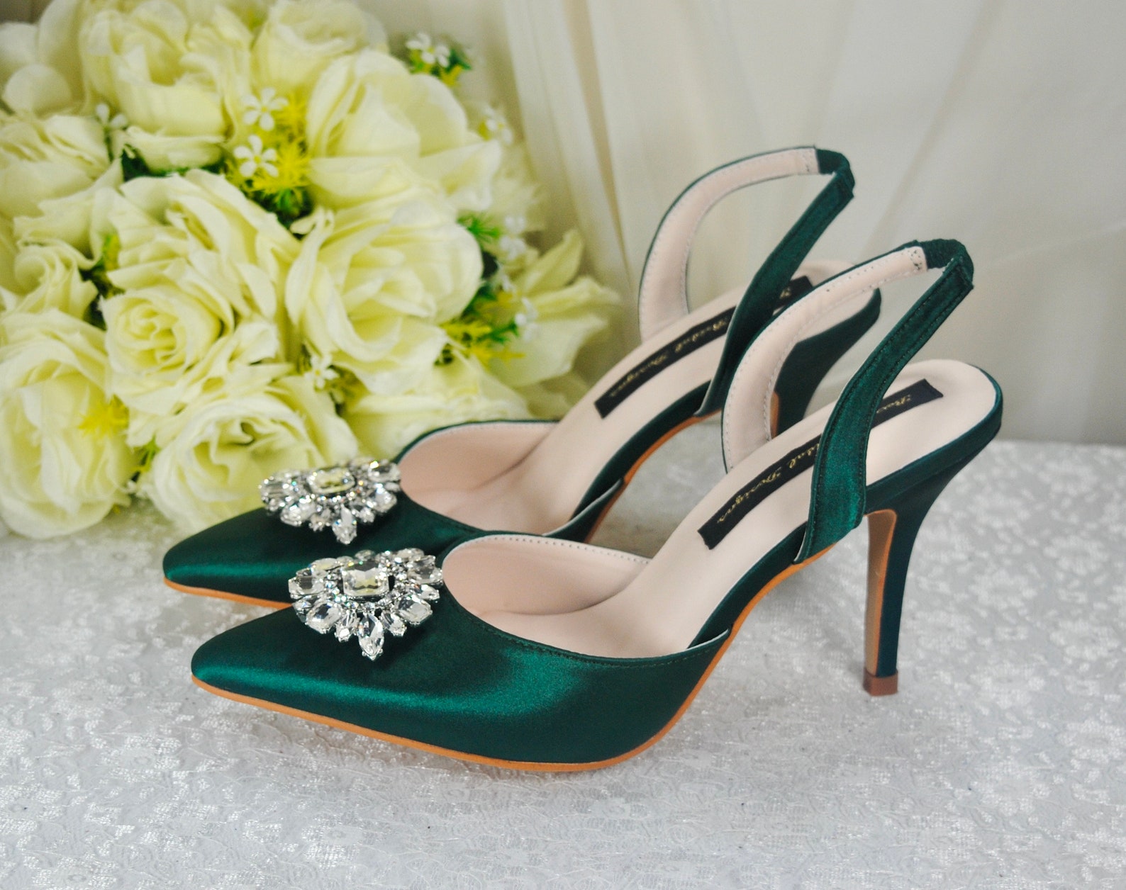 Emerald Green Slingback Heels With Crystal Decoration and Matching ...