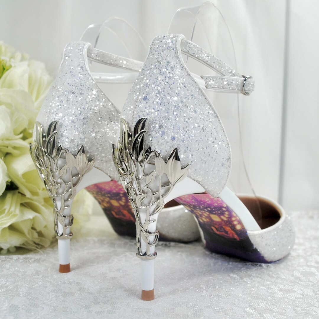 Bridal White Glitter Sandals: Rapunzel Shoes With Silver Vine Heel UK4 ...