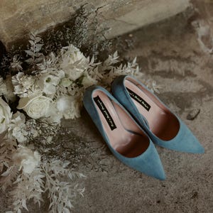 Blue Vegan Suede High Heel Court Shoes With Handmade Cherry Blossom ...