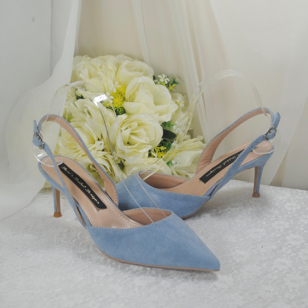 Blue Suede Bridal Slingback Heels: Handmade Wedding Shoes - Etsy