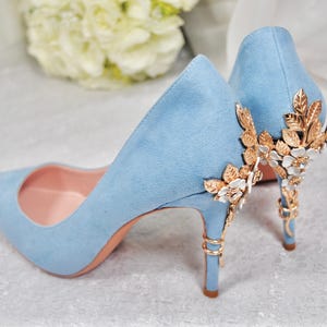 Blue Vegan Suede High Heel Court Shoes With Handmade Cherry Blossom ...