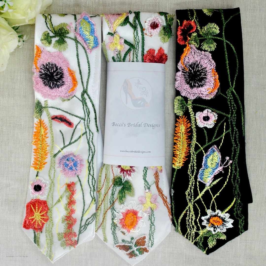 Embroidered Wildflower Satin Tie: Secret Garden Wedding Necktie - Etsy UK