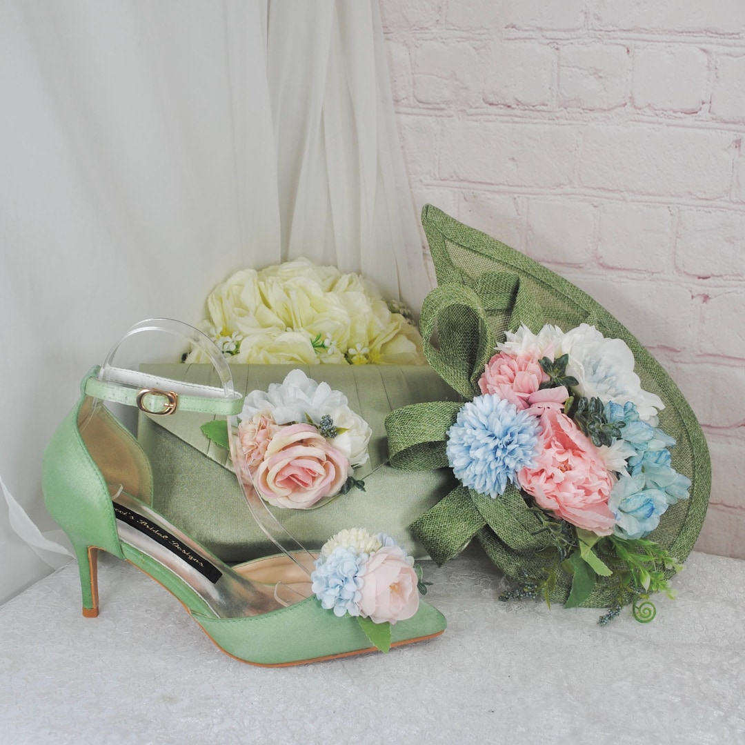 Sage Green Satin Bridal Set: Handmade Clutch, Sandals & Fascinator - Etsy