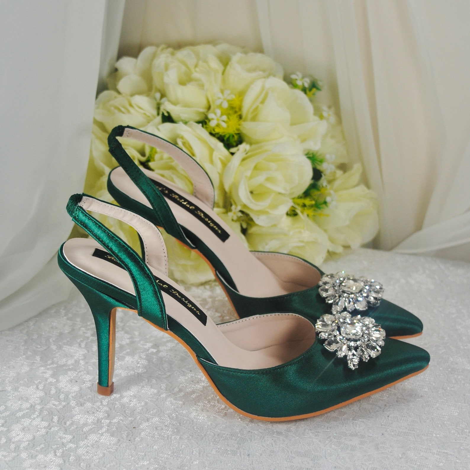 Emerald Green Slingback Heels With Crystal Decoration and Matching ...