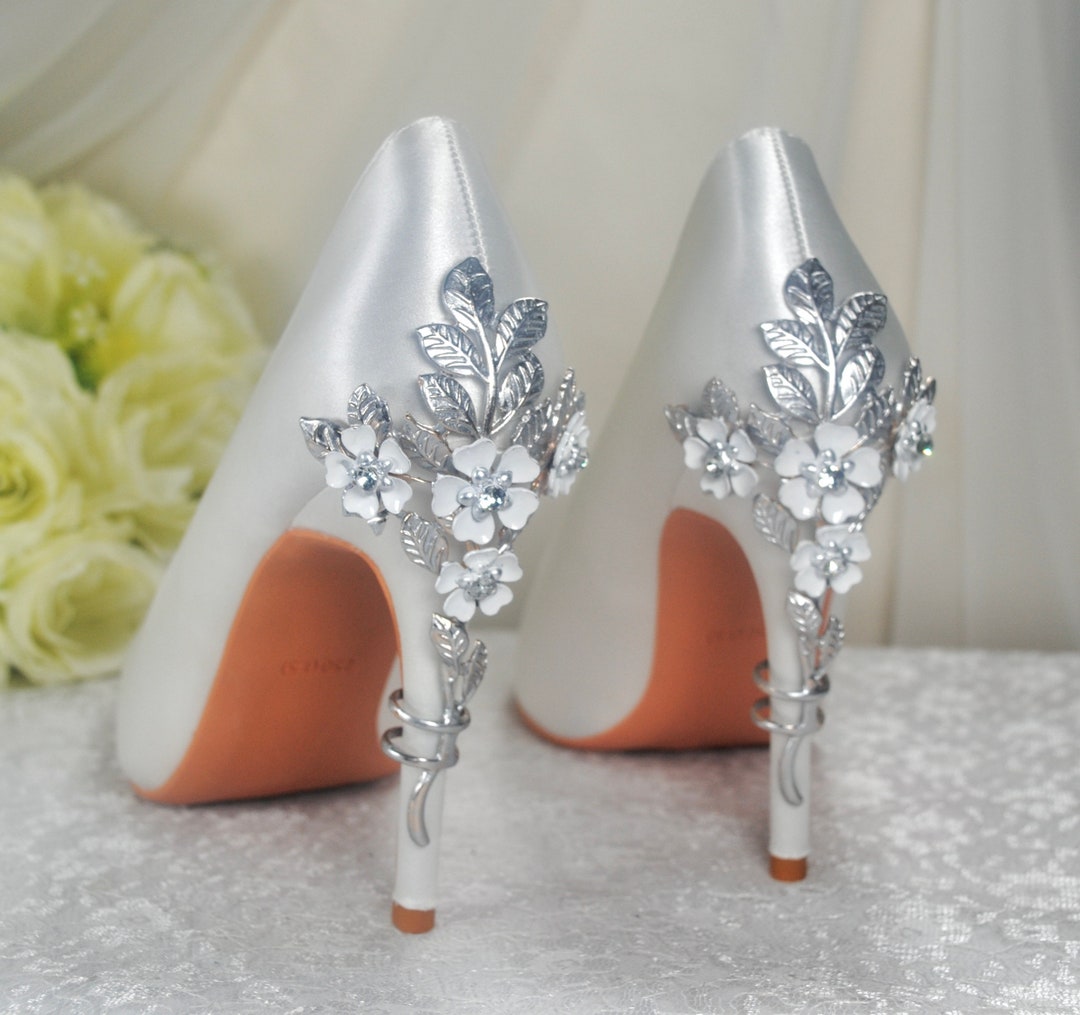 Bridal White Satin Wedding Heels: Silver Cherry Blossom Shoes - Etsy