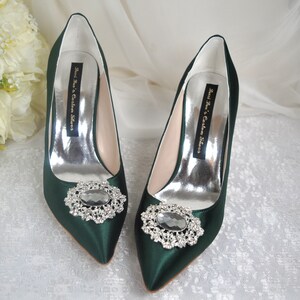 Emerald Green Satin Heels With Crystal Embellishment, Elegant Evening ...
