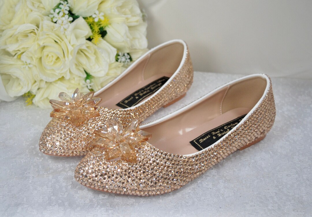 Cinderella Flats - Champagne Crystal Bridal Flat Pumps, Wedding Shoes ...