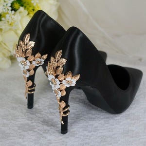 Black Satin Heels: Gold Floral Cherry Blossom Bridal Shoe, Wedding Shoe ...