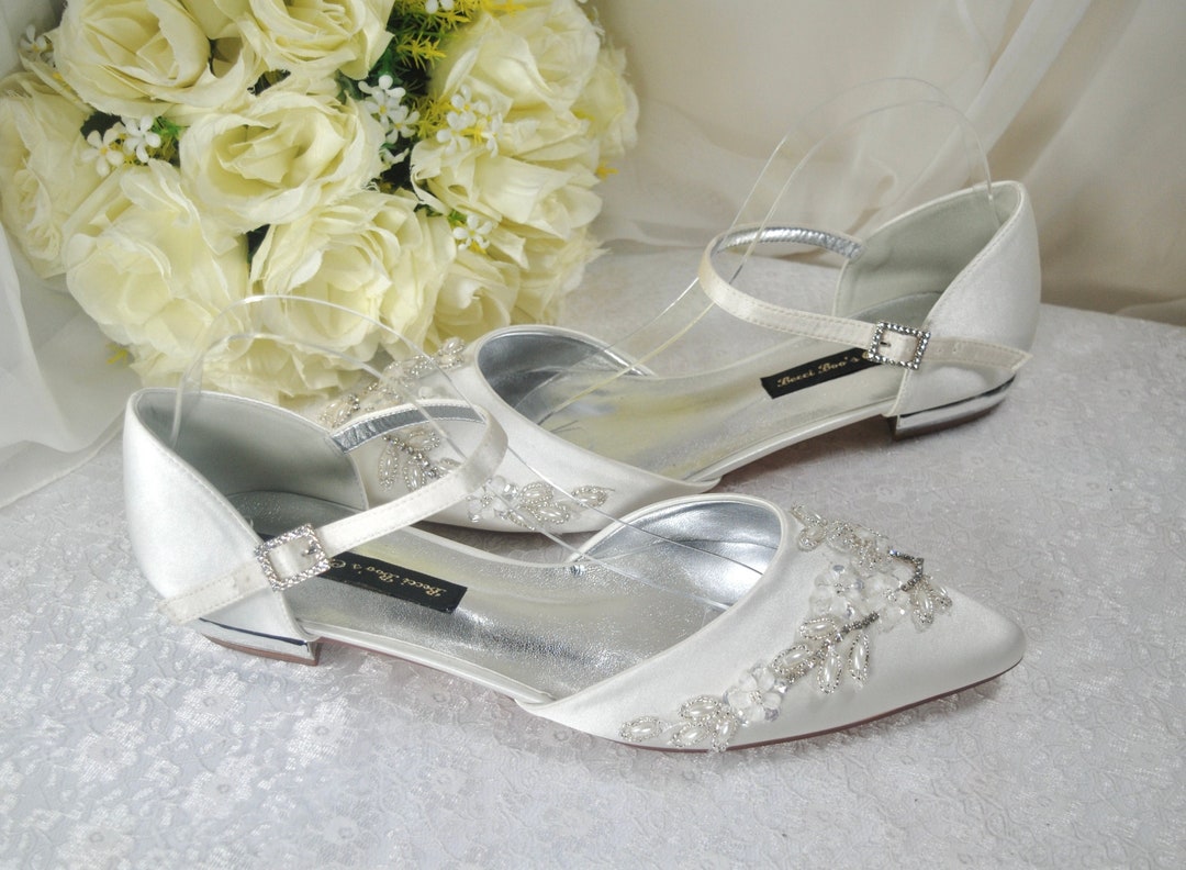 Beautiful Flat Wedding Shoes, Ivory Satin Bridal Shoes, Handmade Beaded ...