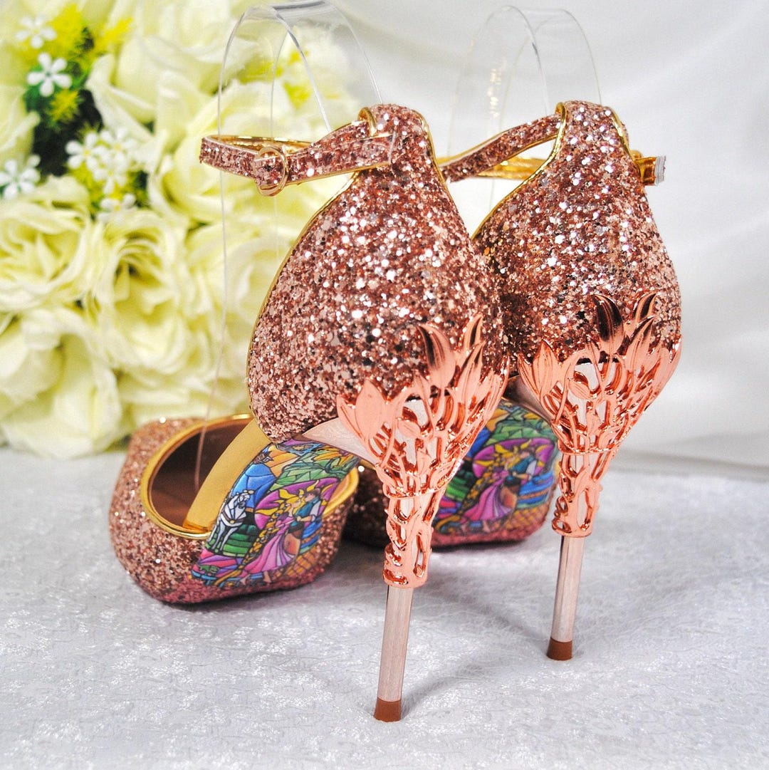 Rose Gold Glitter Bridal Heels: Rapunzel Theme Wedding Sandals - Etsy