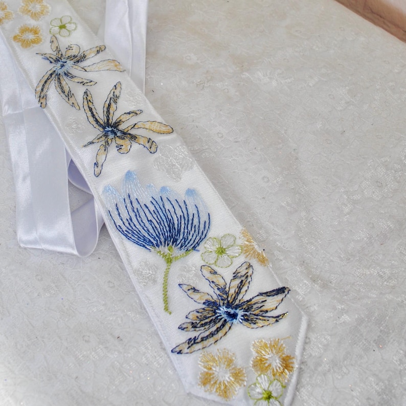 Blue Lotus Flower Embroidered Floral Tie: Handmade White Wedding ...
