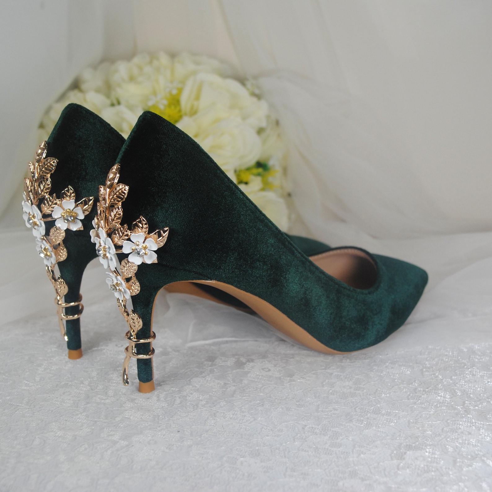 Blue Velvet Wedding Heels: Soft Plush Handmade Bridal Shoes With Floral ...