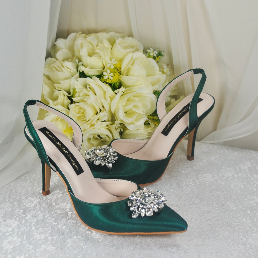 Emerald Green Satin Slingback Heels: Handmade Crystal Bridal Shoes - Etsy