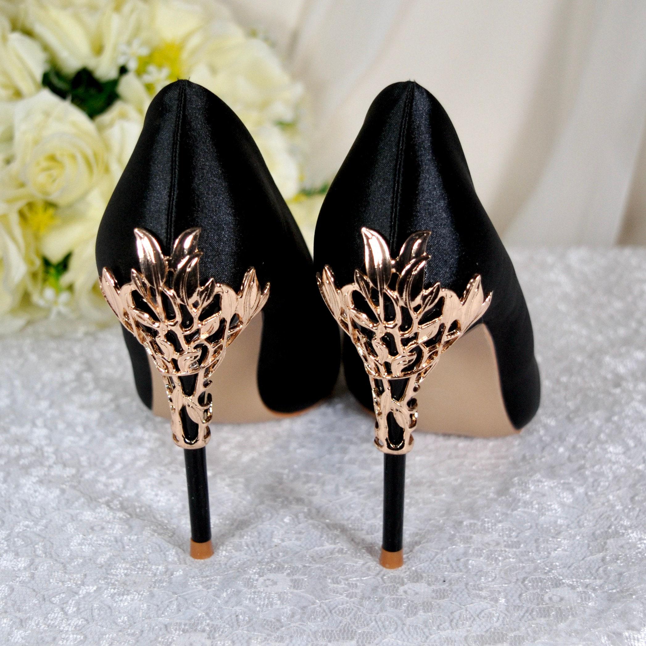 Black Satin Bridal Pumps: Gold Leaf Wedding Heels - Etsy
