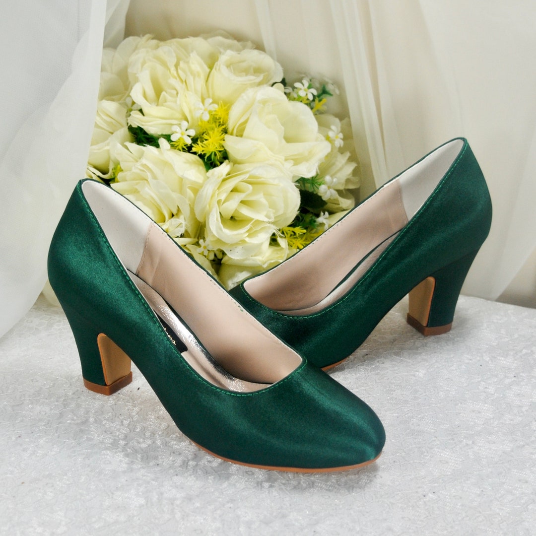 Emerald Green Satin Wedding Shoes: Handmade Block Heel Bridal Shoes ...