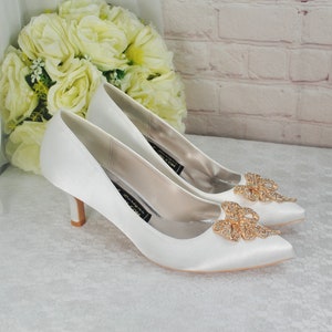 Kitten Heel Satin Shoes, Low Heel Bridal Shoe With Crystal 'bow ...
