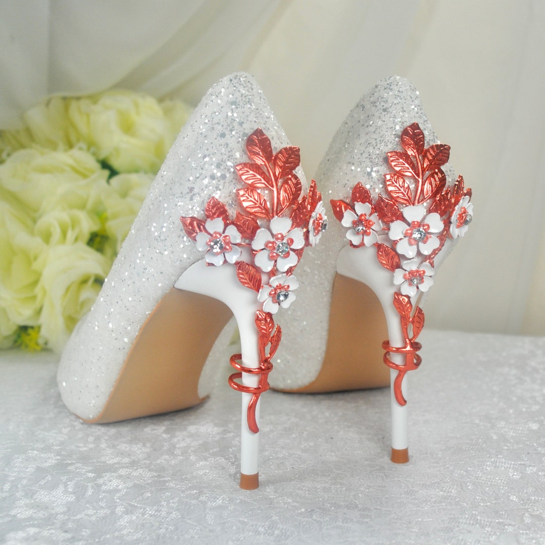 Handmade Glitter Bridal Shoes: White Satin Wedding Heels With Cherry ...