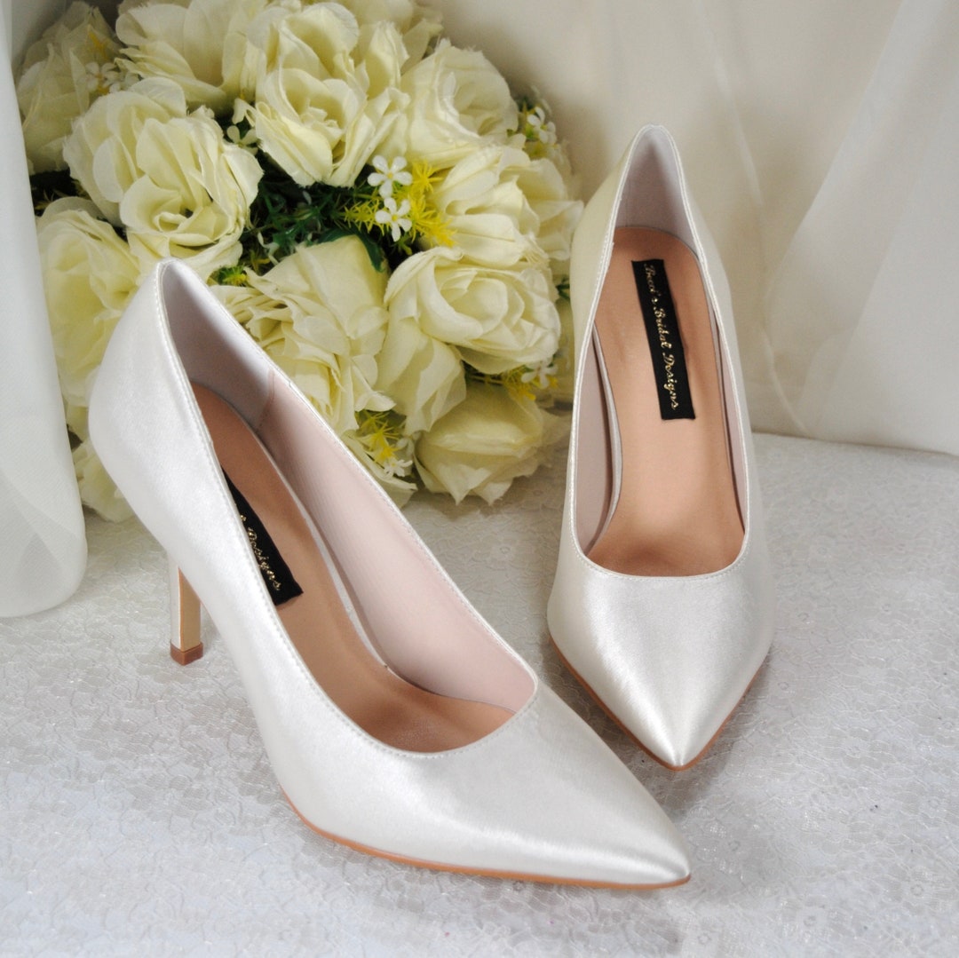 Ivory White Coloured Classic Satin Bridal Heels Pointed Toe Womens ...