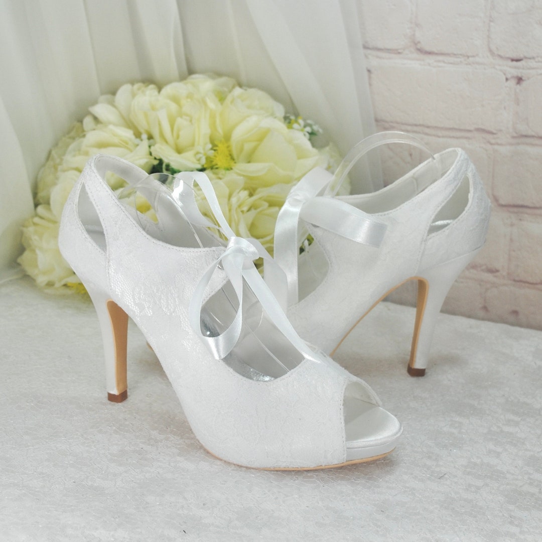Bridal White Lace Bridal Booties: Satin Peep Toe Wedding Heels - Etsy