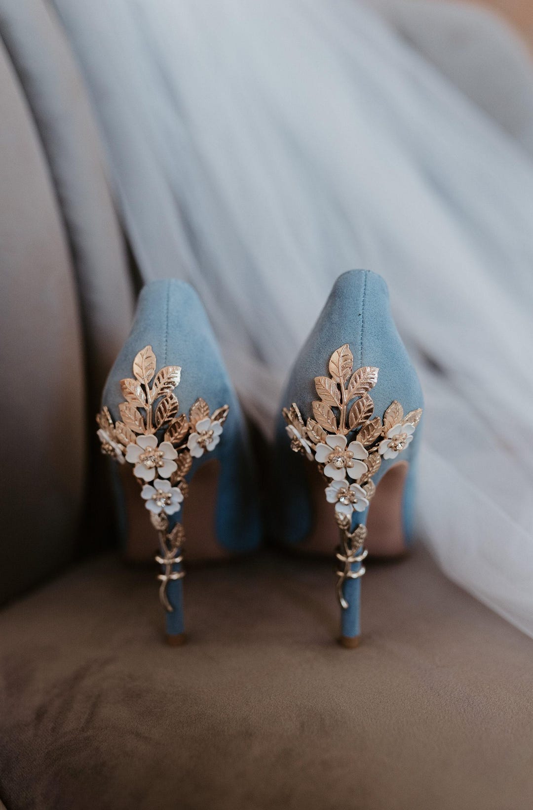 Blue Vegan Suede High Heel Court Shoes With Handmade Cherry Blossom ...