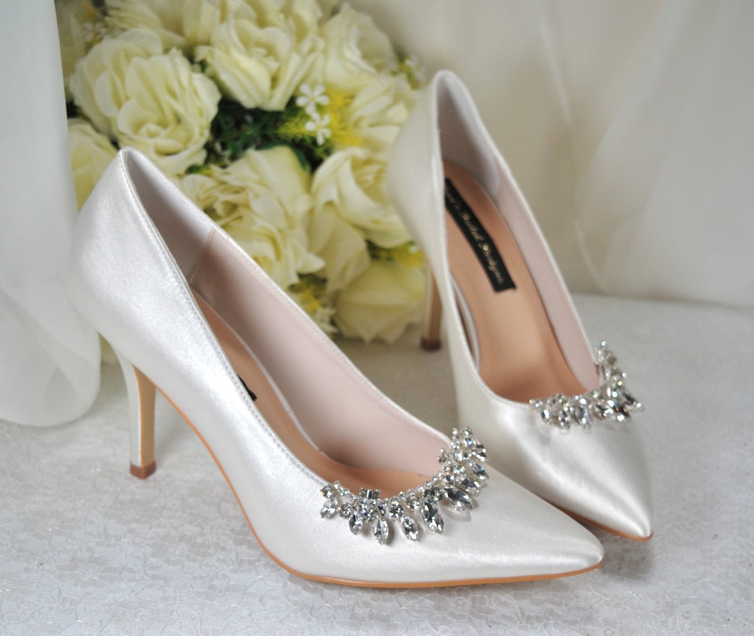 Satin Bridal Shoes, With Crystal Shoe Clip, Ivory Wedding Heels, Women ...