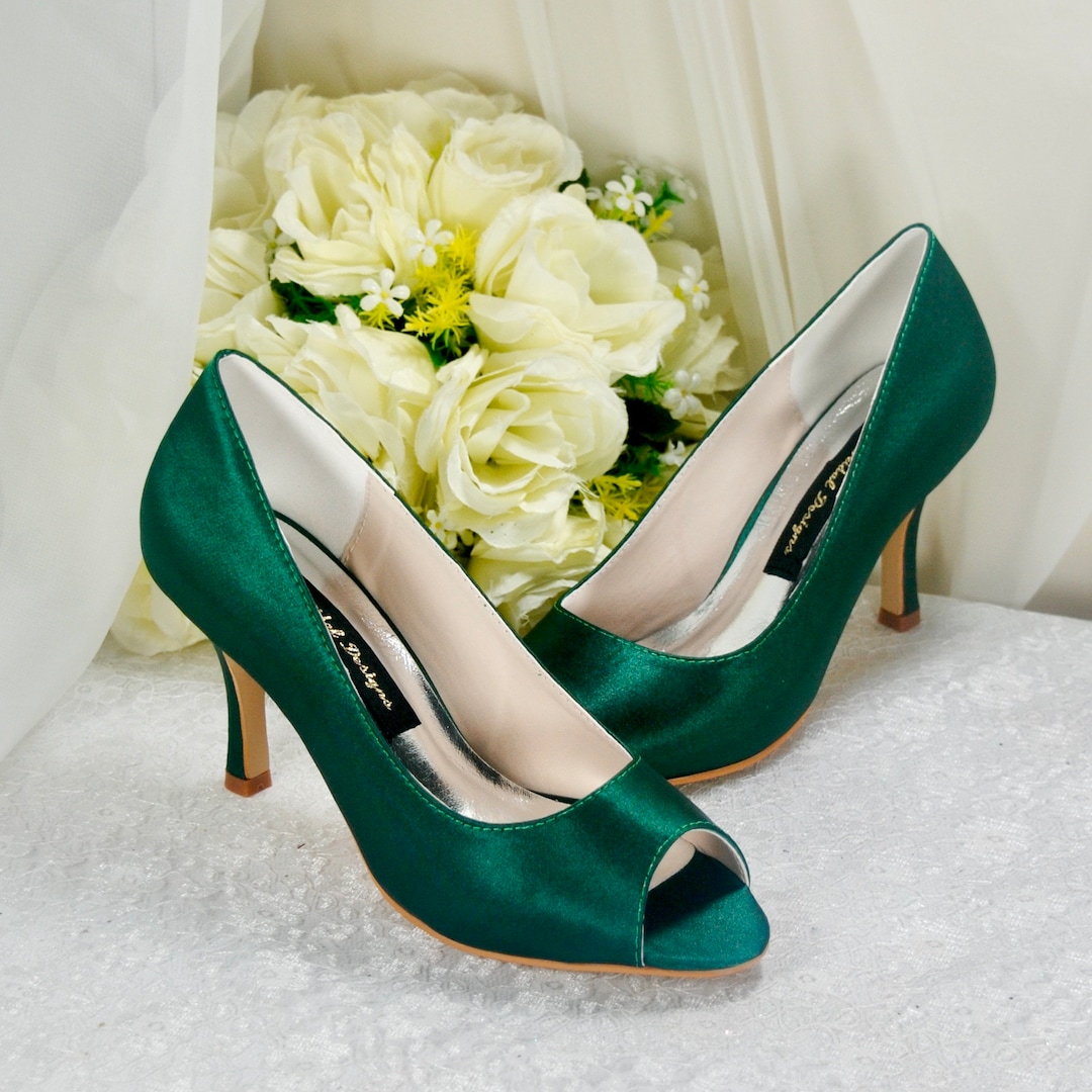 Emerald Green Satin Bridal Shoes: Peep Toe Wedding Heels - Etsy UK