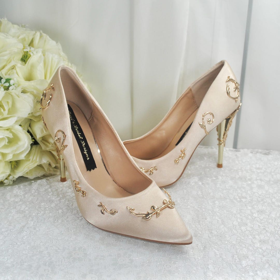 Champagne Satin Bridal Shoes: Gold Filigree Vine Wedding Heels - Etsy